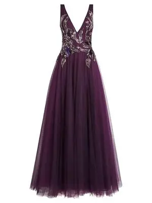 Costarellos Embroidered Tulle Vianna Gown - Purple