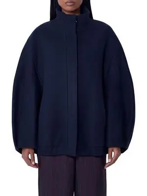 Dries Van Noten Wool-blend Short Coat With Balloon Sleeves And Funnel Neck - Blue