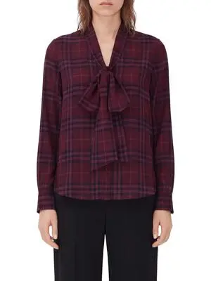 BURBERRY Tartan Print Silk Shirt With Pussy-bow Collar