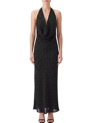 ROTATE BY BIRGER CHRISTENSEN Polka-dot Crêpe Halterneck Long Evening Gown - Black
