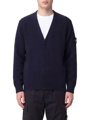 Stone Island Virgin Wool And Alpaca Blend Cardigan With Logo Patch Blue