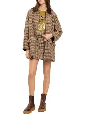 TWINSET Single-breasted Short Houndstooth Wool Blend Coat With Velvet Collar