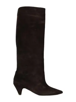 ANNA F. Suede Leather Knee-high Boots With Cone Heel - Dark