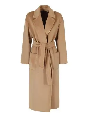 Max Mara Long Wool Robe Coat With Matching Belt - Camel