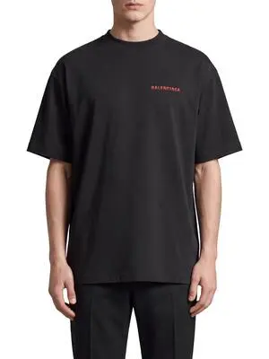Balenciaga Cotton T-shirt With Contrasting Logo And Dropped Shoulders - Black