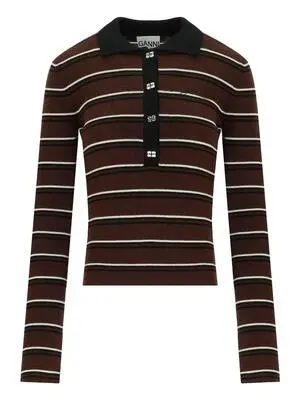GANNI Striped Polo Shirt - Brown