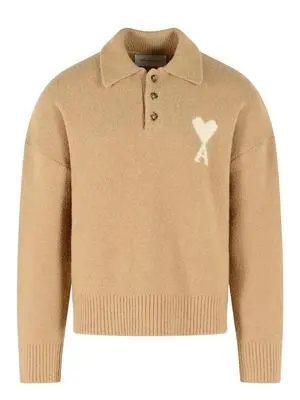 AMI Paris 'ami De Cœur' Polo Shirt In Beige Alpaca Mastic Beige