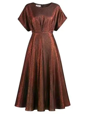BARUNI Midi Ruba Metallic-effect Flared Dress - Brown