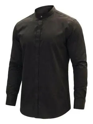 RON TOMSON Pure Cotton Band Collar Dress Shirt - Black