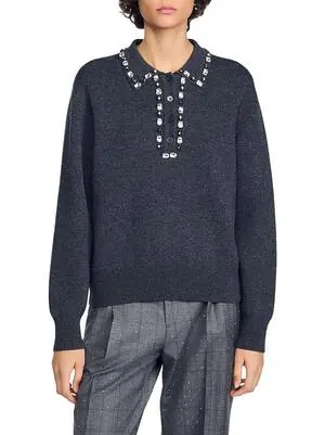 Sandro Antonia Embellished Polo Collar Sweater - Grey