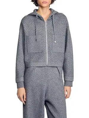 Sandro Luce Hooded Rhinestone Zip Cardigan - Grey