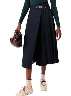 Maje Buckle Trim Pleat Front Midi Skirt - Navy