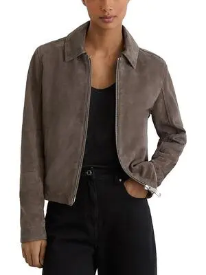 REISS Sorina Suede Zip Front Jacket - Grey