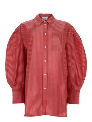 GANNI Camicia In Cotone A Righe - Red