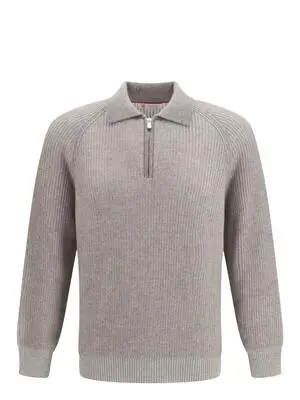 Brunello Cucinelli Cashmere Milano Stitch Polo Sweater With Zip - Grey