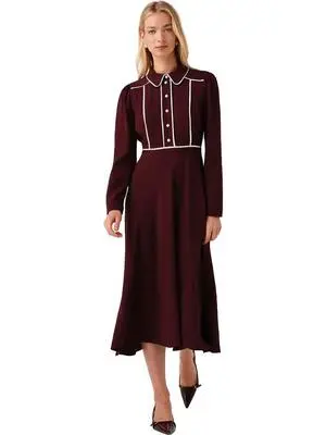 GHOST LONDON Alberta Contrast Piping Midi Dress - Wine