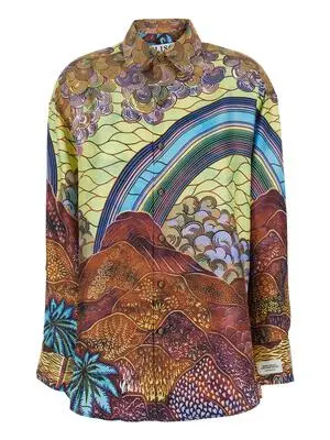 VLISCO DIALOGUES Vlisco Dialogues 'Dynamite' All-Over Floral Silk Shirt With Classic Collar And Logo Patch