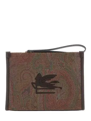 Etro Arnica Embroidered Logo Zip Clutch With All-over Pattern And 25x19x5 Cm Size - Brown