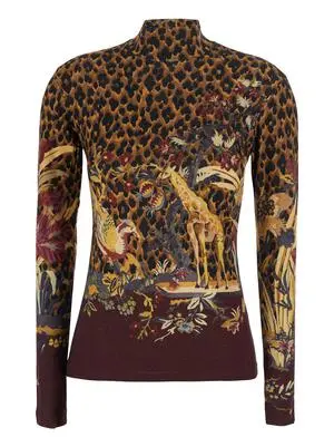 Etro High-neck Animal Motif All-over Wool-blend Sweater - Multicolor