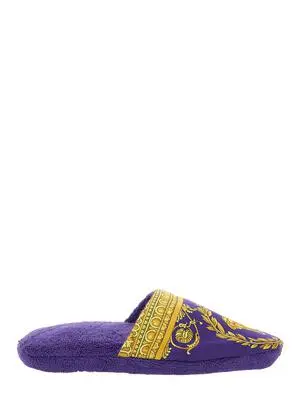 Versace Baroque Print Fabric Slippers With Gold Details - Violet