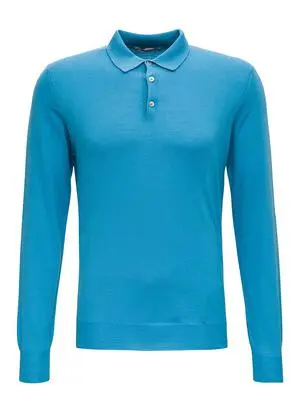 GAUDENZI Long Sleeve Polo In Wool, Silk & Cashmere - Light Blue