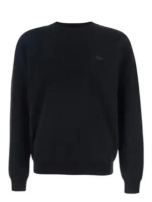 Maison Kitsuné Wool Crewneck Sweater With Front Fox Patch - Black