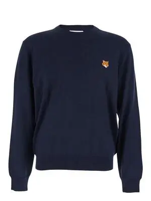 Maison Kitsuné Wool Crew Neck Sweater With Front Fox Patch - Blu