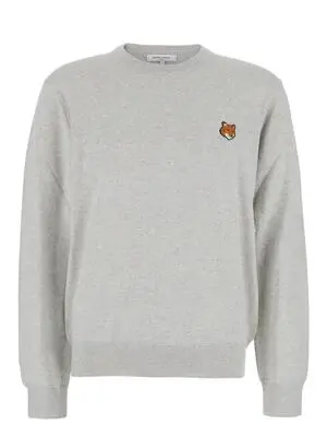 Maison Kitsuné Crew Neck Merino Wool Sweater With Front Fox Patch - Grey