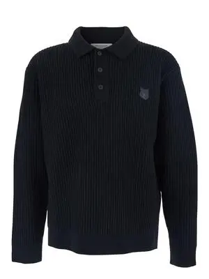 Maison Kitsuné Ribbed Cotton Sweater With Front Logo Patch - Black