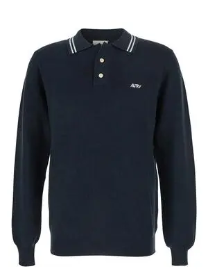 AUTRY Wool-cotton Blend Long-sleeve Polo Shirt With Striped Collar And Embroidered Logo - Blu
