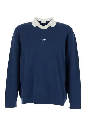 AUTRY Contrast Collar Logo Polo Shirt With Dropped Shoulders - Blu