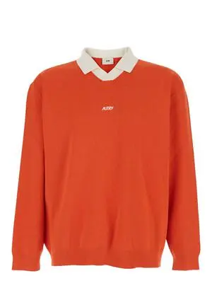 AUTRY Polo Collar Cotton-blend Sweater With Front Logo - Orange