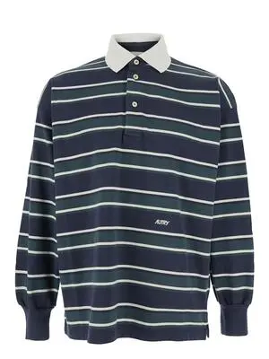 AUTRY Long-sleeve Cotton Polo Shirt With Classic Collar And All-over Striped Motif - Blu