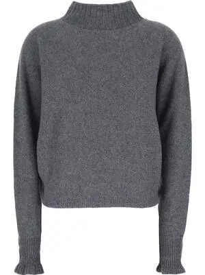 TWINSET Twinset Wool Blend Turtleneck Sweater With Metallic Back Logo Plaque And Flared Cuffs Grey