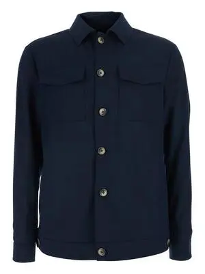 LEPLAIN Classic Collar Fabric Jacket With Button-front Closure & Patch Pockets - Blu