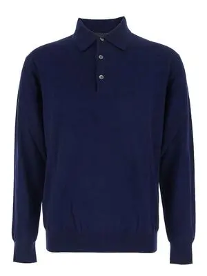 LEPLAIN Wool-cashmere Sweater With Polo-style Collar And Button Front - Blu