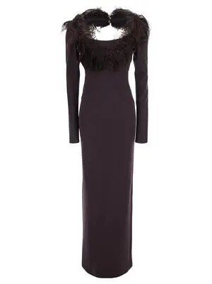 Attico Long Cotton Dress With Feather Neck Detail And Back Logo Patch - Brown