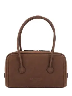 MARGESHERWOOD Soft Boston Small Leather Shoulder Handbag With Two Top Handles And Logo Lettering - Brown