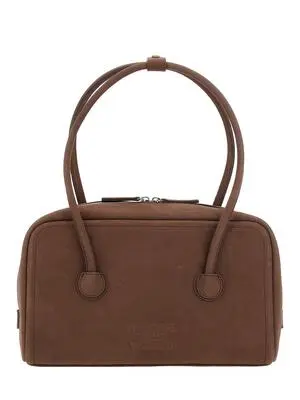 MARGESHERWOOD Soft Boston Small Suede Shoulder Handbag With Two Top Handles And Logo Lettering - Brown