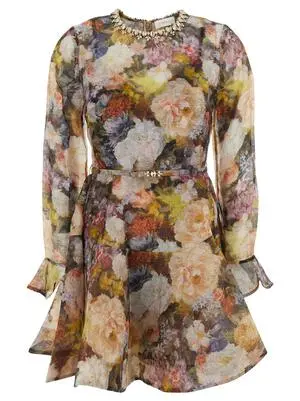 Zimmermann Alchemy Mini Dress With Front Belt In Linen-silk - Multicolor