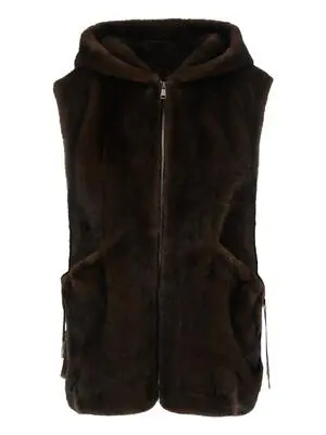 GIOVANNI PARIS Leather Sleeveless Vest With High Collar And Front Zip - Brown
