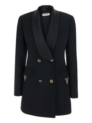 Versace Wool Double-breasted Jacket With Crystal Lapel Details And Logo Accents - Black
