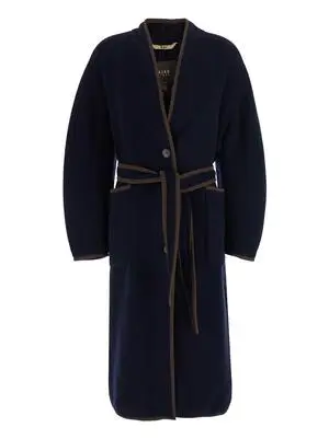 BAZAR DELUXE V-neck Embroidered Back Jacket With Adjustable Waist Belt - Blu