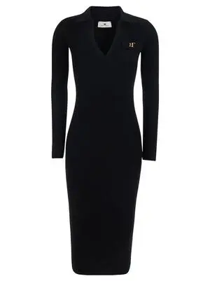 Elisabetta Franchi V-neck Tech Fabric Dress With Logo Pocket - Black