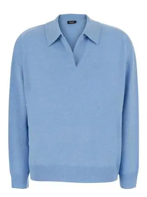 LEPLAIN Cashmere Polo Neck Knit Long Sleeve Polo Shirt - Light Blue