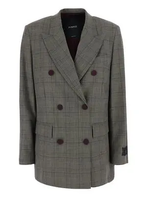 Pinko Wool-blend Double-breasted Blazer With Peak Revers & All-over Stripes Motif - Grey
