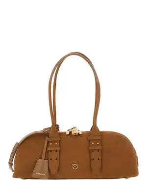 Pinko Pinko Love Birds Suede Bowling Horizontal Handbag With Top Zip, Locket Charm & Adjustable Shoulder Strap, 29x11x7 Cm Brown
