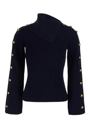 ELISABETTA FRANCHI Elisabetta Franchi Asymmetrical High-Collar Viscose Sweater With Jewel Button Sleeves