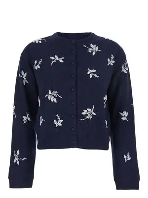 ATELIER EDITION Embroidered Cotton-blend Crew Neck Cardigan For - Blu