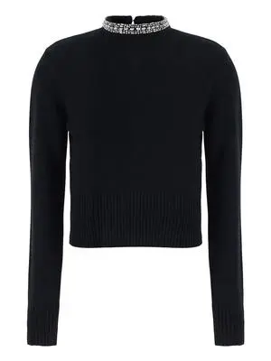 Pinko Berlino Cropped Fitted Wool Sweater With Rhinestone Neck Detail - Black